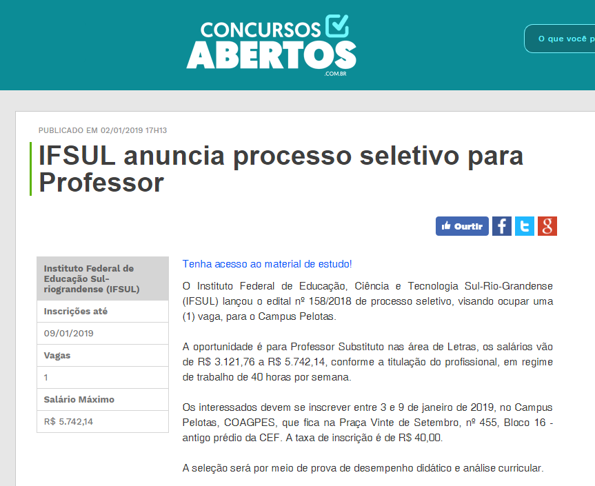 Concursos Abertos - IFSul anuncia processo seletivo para Professor